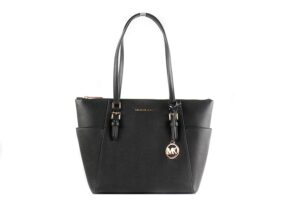 michael kors charlotte saffiano leather large top zip tote - black