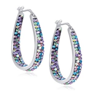 crystal hoop earrings - silver plated inside out oval shape hoop earrings for women, 1.2 inch (multiple b)