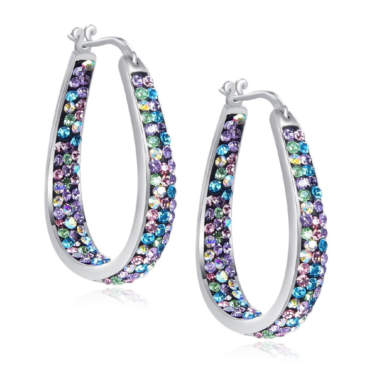 Crystal Hoop Earrings - Silver Plated Inside Out Oval Shape Hoop Earrings for Women, 1.2 Inch (Multiple B)