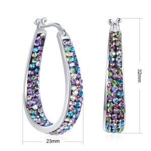 Crystal Hoop Earrings - Silver Plated Inside Out Oval Shape Hoop Earrings for Women, 1.2 Inch (Multiple B)