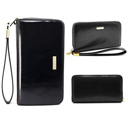 ANDOILT Genuine Leather Wallet for Women Men RFID Blocking Credit Card Holder Zipper Purse Cell Phone Handbag Huge Storage Capacity Black&Gold Chain