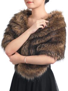 gorais women's wedding faux fur shawls and wraps bridal fur scarf stoles with brooch for bride and bridesmaids (us 4-14(s-m), a brown)