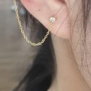 Cuff Hoop Halo CZ Stud Chain Climber Crawler Earrings for Women Teen Girls Cartilage Double Holes S925 Sterling Silver Hypoallergenic Fashion Personalized Small Huggie Hoops Gifts Bff (CZ Gold)