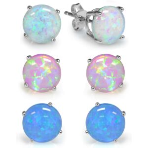 muiblu sterling silver 6mm created opal stud earrings 3 pack set, hypoallergenic fashion jewelry