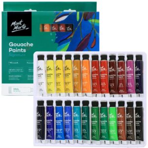 mont marte signature gouache paint, 24 x 0.4oz (12ml), semi-matte finish, 24 colors, suitable for use with canvas, watercolor paper, watercolor paints and mixed media