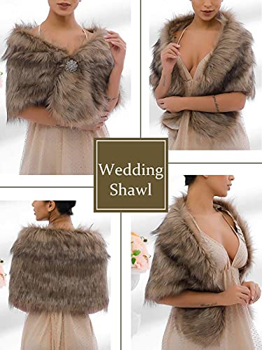 BODIY Bride Fur Shawls and Wraps 1920s Bridal Wedding Faux Fur Scarf Winter Sleeveless Fur Stole for Women and Bridesmaids (Brown)