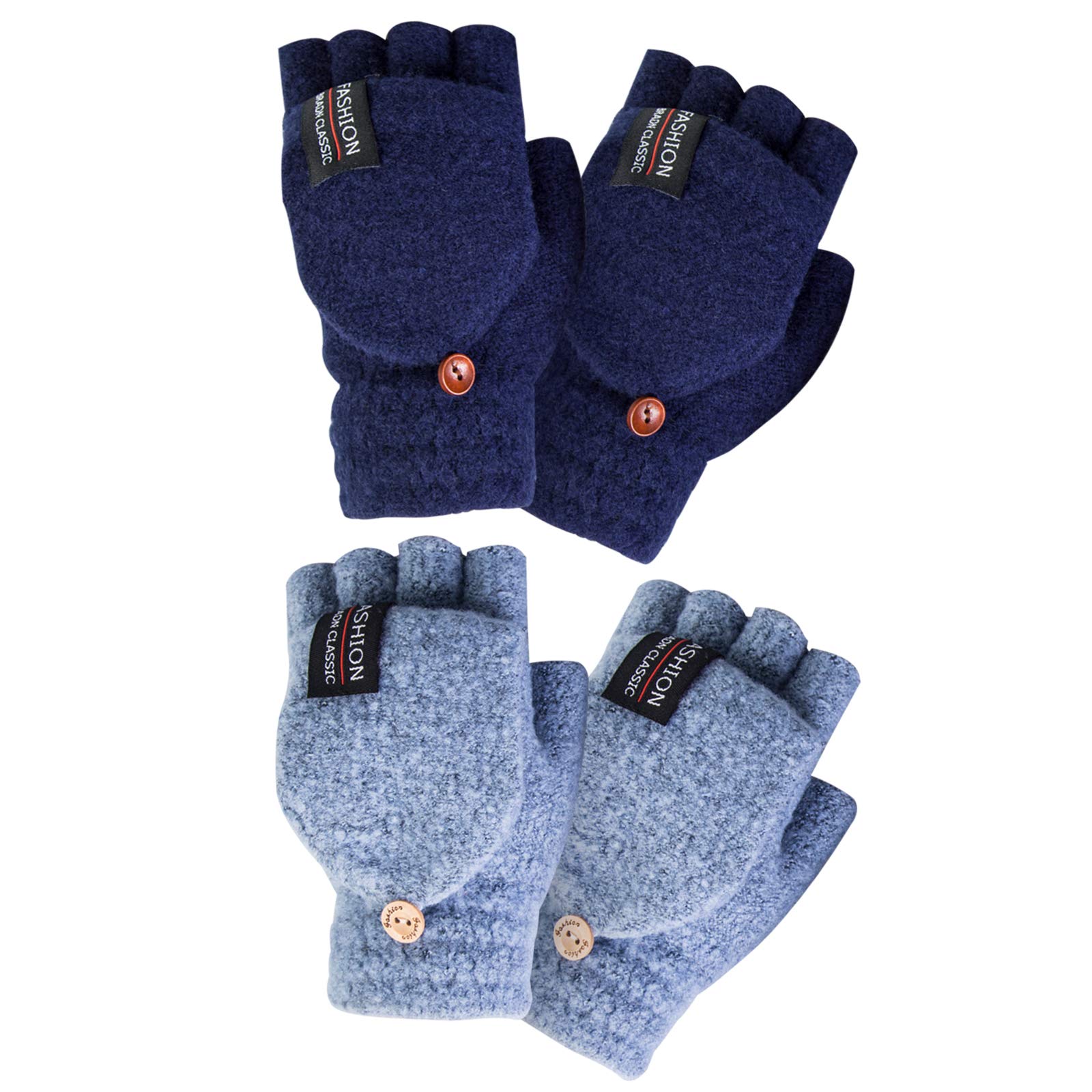 Womens Winter Gloves, 2 Pack Warm Knitted Convertible Fingerless Gloves for Women Gifts with Mittens Cover Cap,Dark-Gray&Light-Blue