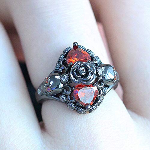 Black Gold Plated Skull Gothic Death Rose Wedding Statement Cocktail Party Biker Ring (Black Red, 11)