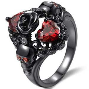 black gold plated skull gothic death rose wedding statement cocktail party biker ring (black red, 11)