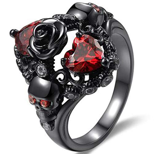 Black Gold Plated Skull Gothic Death Rose Wedding Statement Cocktail Party Biker Ring (Black Red, 11)