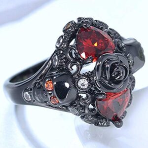 Black Gold Plated Skull Gothic Death Rose Wedding Statement Cocktail Party Biker Ring (Black Red, 11)