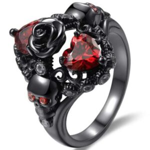 black gold plated skull gothic death rose wedding statement cocktail party biker ring (black red, 7)