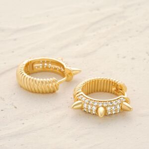 MYEARS Women Spike Earrings Gold Huggie Chunky Ribbed Hoop Trio Cone Diamond Cubic Zirconia 14K Gold Filled Small Simple Handmade Hypoallergenic Everyday Jewelry