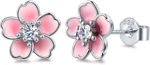 pink flower earrings for women, 925 sterling silver stud earrings, cute plumeria earrings for girl, cherry blossom hypoallergenic stud