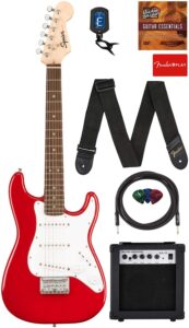 fender squier 3/4 size kids mini stratocaster electric guitar learn-to-play bundle with amp, cable, tuner, strap, picks, fender play online lessons, and austin bazaar instructional dvd - dakota red