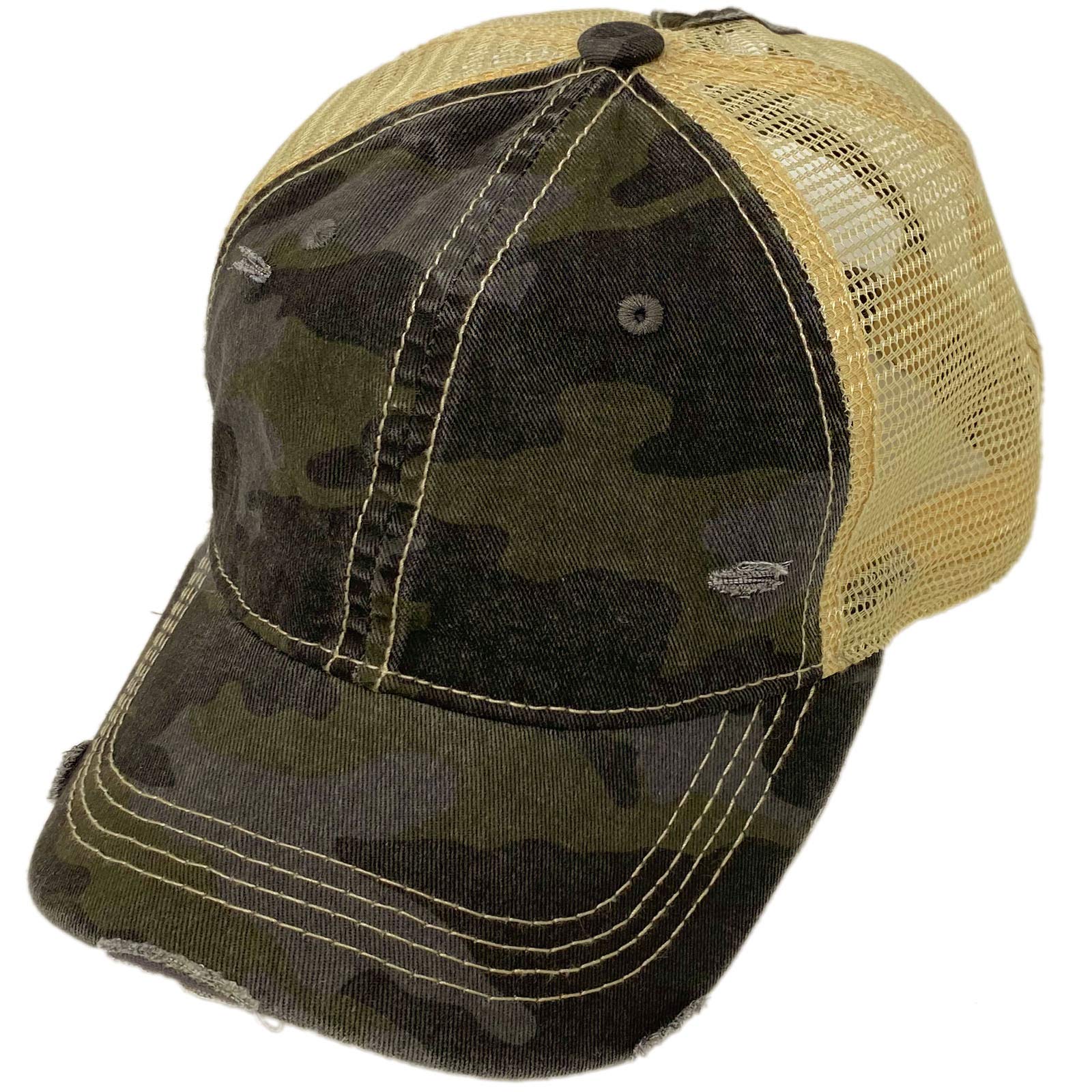 C.C Ponytail Messy Buns Trucker Ponycaps Plain Baseball Visor Cap Dad Hat (Camouflage Black)