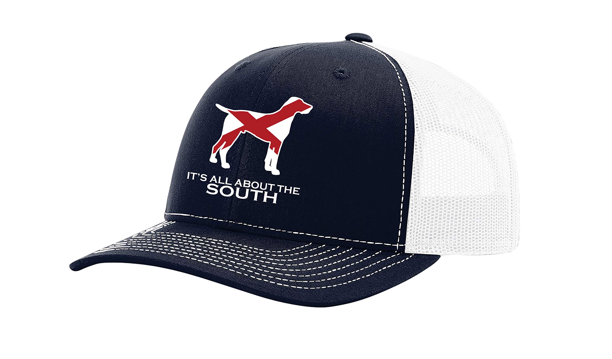 It's All About The South Alabama State Flag Filled Pointer Mesh Back Trucker Hat-Navy/White