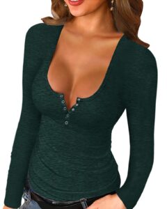 women long sleeve tops scoop neck low cut slim fitted henley shirt sexy basic tee shirts tops blackish green