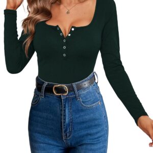 Women Long Sleeve Tops Scoop Neck Low Cut Slim Fitted Henley Shirt Sexy Basic Tee Shirts Tops Blackish Green