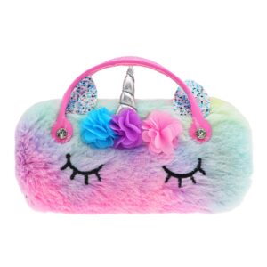 Kids Girls Boys Fluffy Faux Fur Unicorn Eyeglass Case Plush Eyewear Glasses Case Hard Shell with Handle