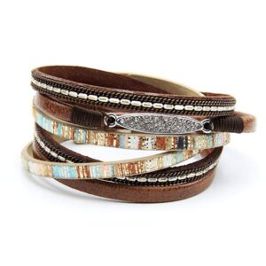 tgls multilayer leather wrap bracelet handmade wristbands braided boho cuff bracelet for women (brown)