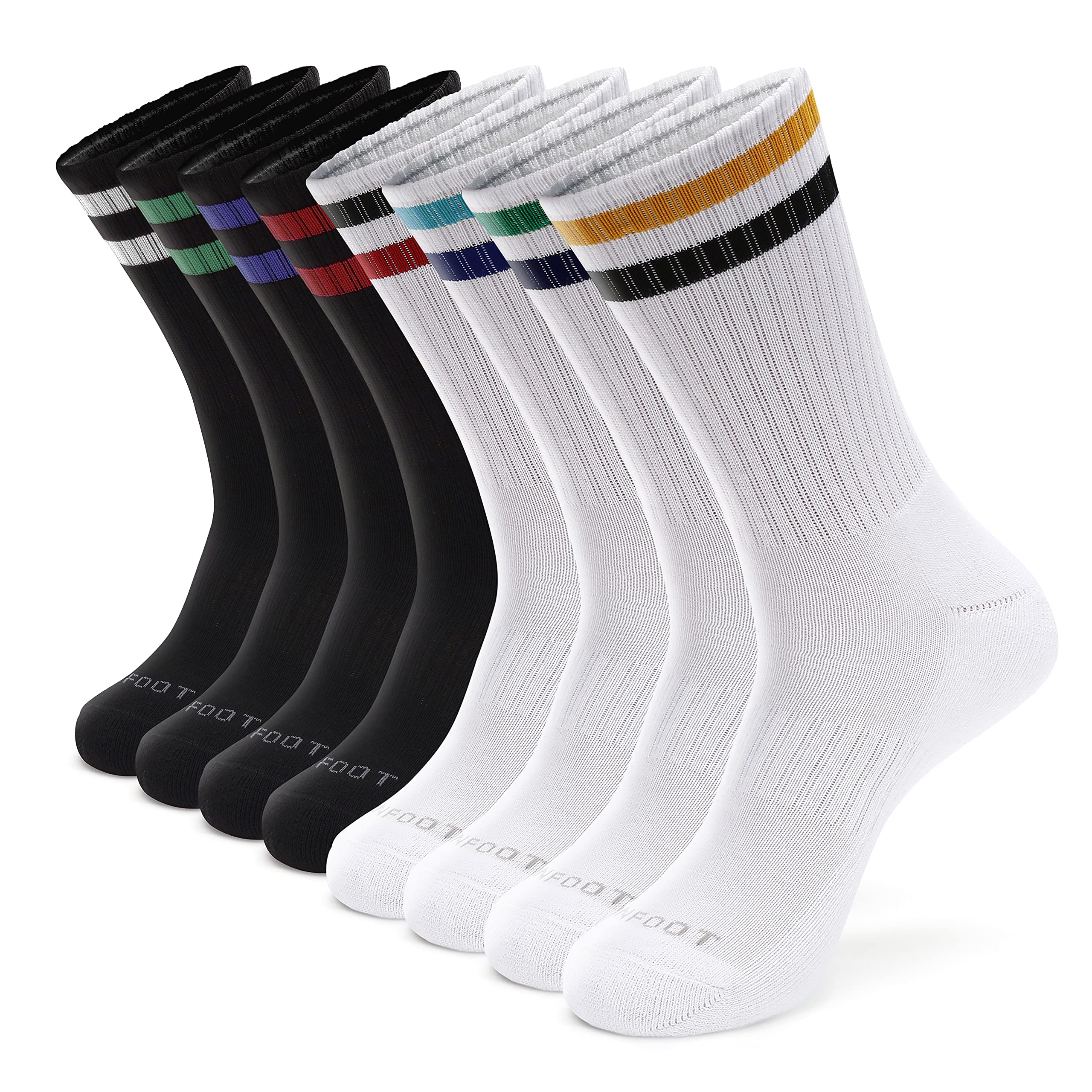 MONFOOT Women's and Men's 8 Pairs Athletic Cushion Crew Socks Striped Large, multipack