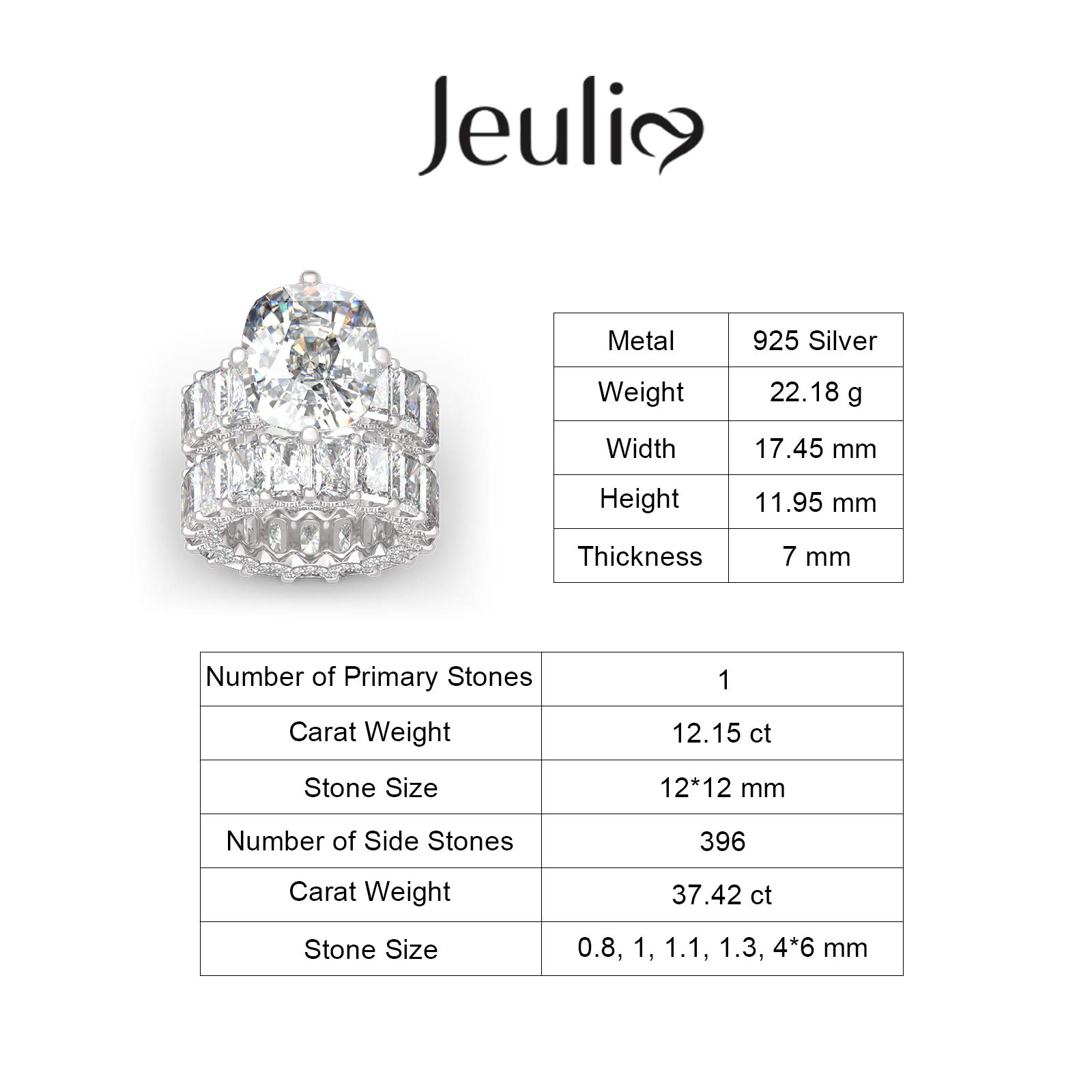 Jeulia Cushion Cut Three Sided Pave Sterling Silver Eternity Ring Cubic Zirconia Art Deco Halo Wedding Engagement Anniversary Rings Set (silver, 7)