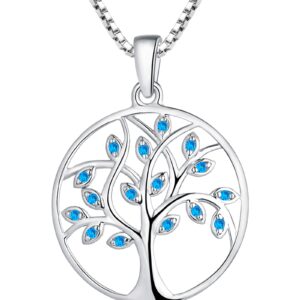 YL Tree of Life Necklace Sterling Silver Created Aquamarine Pendant Round Family Giving Jewelry