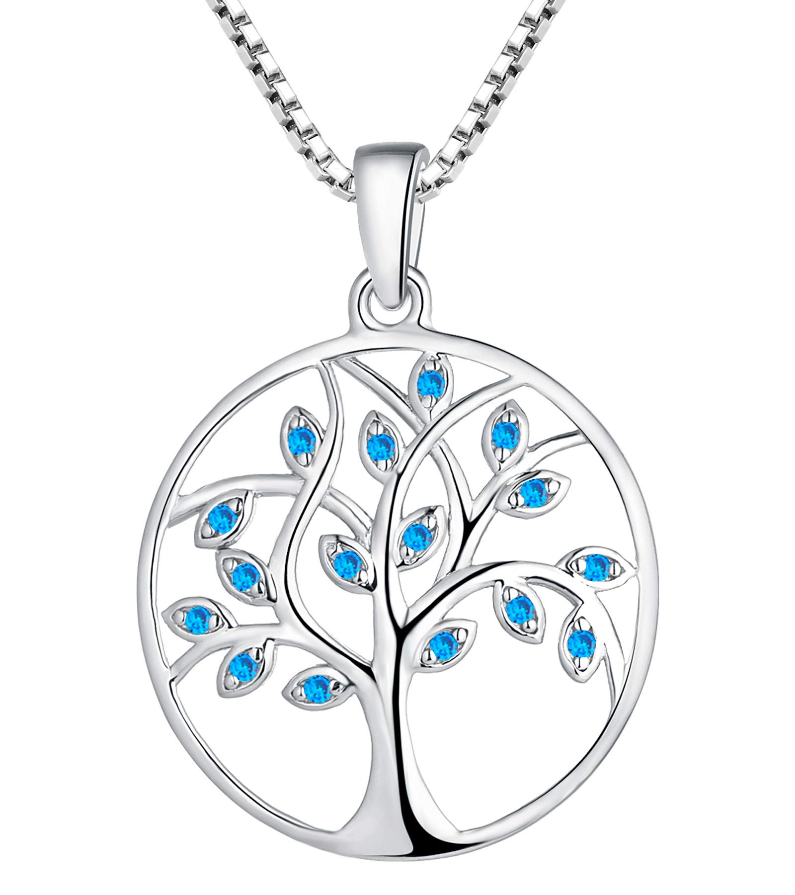 YL Tree of Life Necklace Sterling Silver Created Aquamarine Pendant Round Family Giving Jewelry