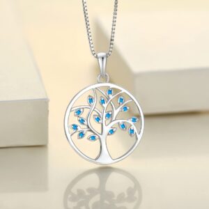 YL Tree of Life Necklace Sterling Silver Created Aquamarine Pendant Round Family Giving Jewelry