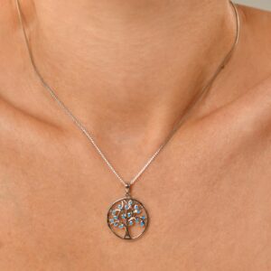 YL Tree of Life Necklace Sterling Silver Created Aquamarine Pendant Round Family Giving Jewelry