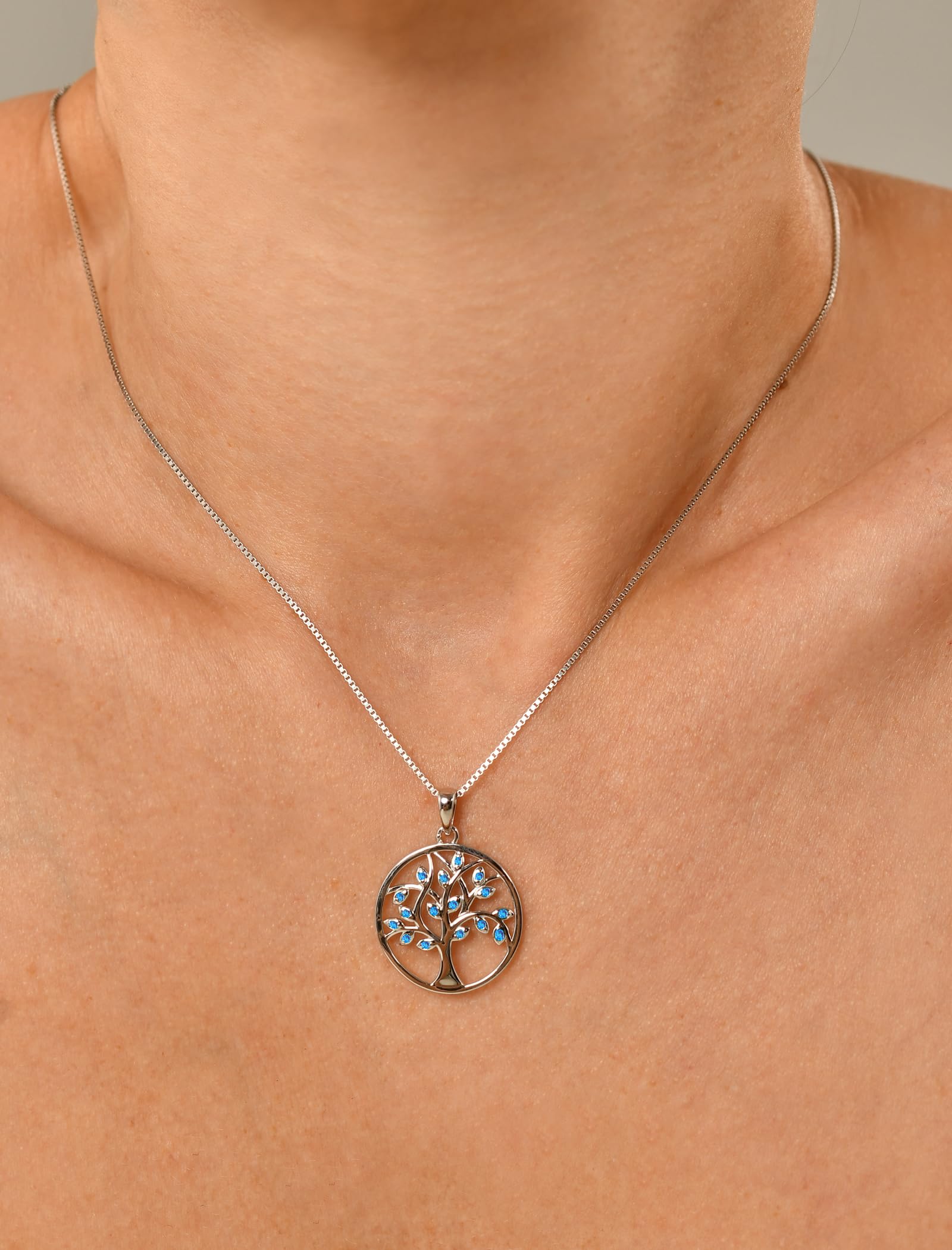 YL Tree of Life Necklace Sterling Silver Created Aquamarine Pendant Round Family Giving Jewelry