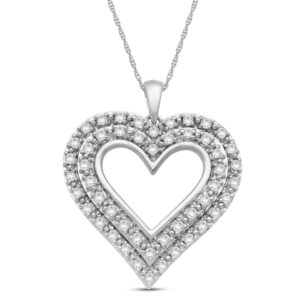 jewelili sterling silver 1cttw natural white round diamond heart shape pendant necklace, 18" rope chain