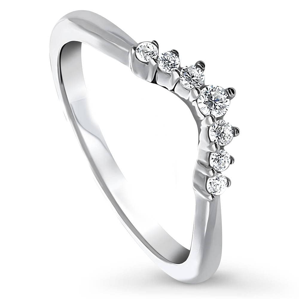 BERRICLE Sterling Silver Wishbone Wedding Rings Cubic Zirconia CZ 7-Stone Curved Band for Women, Rhodium Plated Size 6