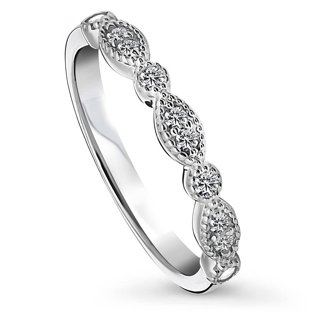 BERRICLE Sterling Silver Milgrain Wedding Rings Crown Set Cubic Zirconia CZ Art Deco Half Eternity Ring for Women, Rhodium Plated Size 7