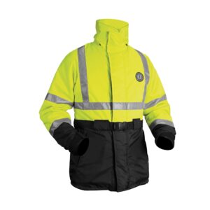 mustang survival - high visibility floatation coat (fluorescent green-m) - uscg approved, flotation and hypothermia protection, 62 sq in of solas, neoprene wrist seals