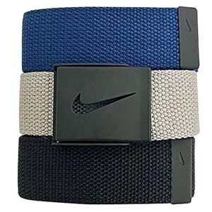 nike men's 3 pack web belt, matte black hardware, black/grey/navy, one size