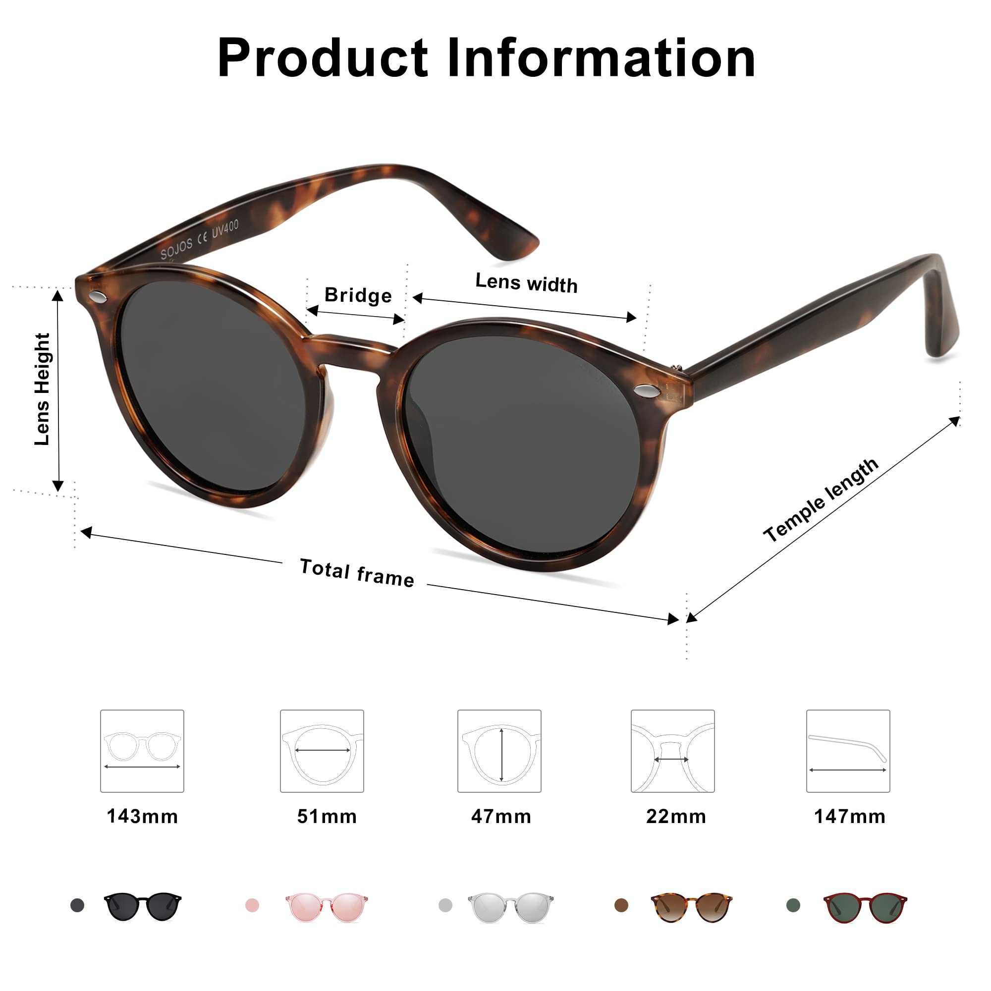 SOJOS Retro Round Polarized Sunglasses for Women Men Classic Vintage Sunnies SJ2069, Brown Tortoise/Grey