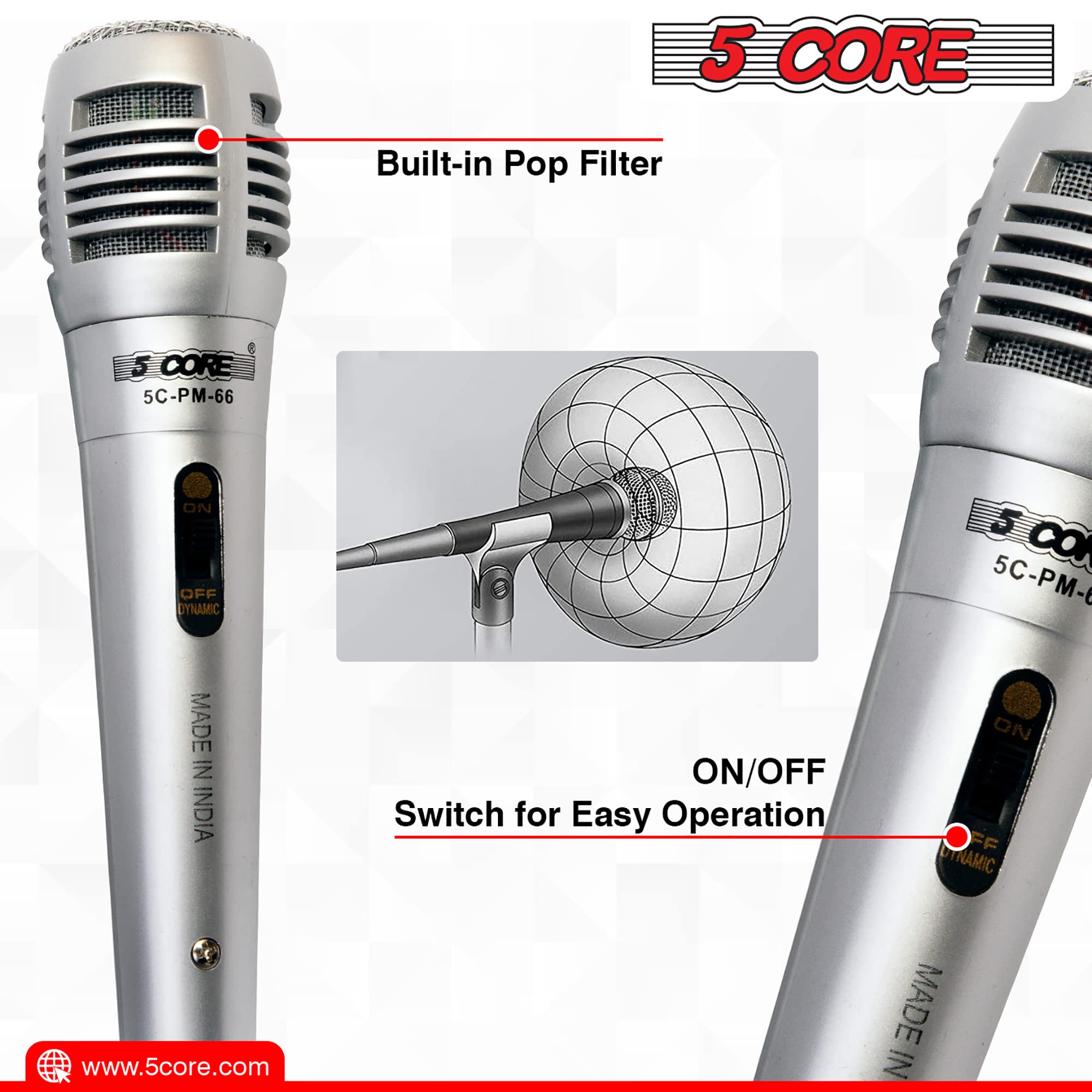 5 CORE Microphone Pair XLR Dynamic Mic Karaoke Singing Handheld Microfono Wired Professional Unidirectional 1/4 Plug in Cord Connection for Vocal DJ Music - PM-66K 1 Pair