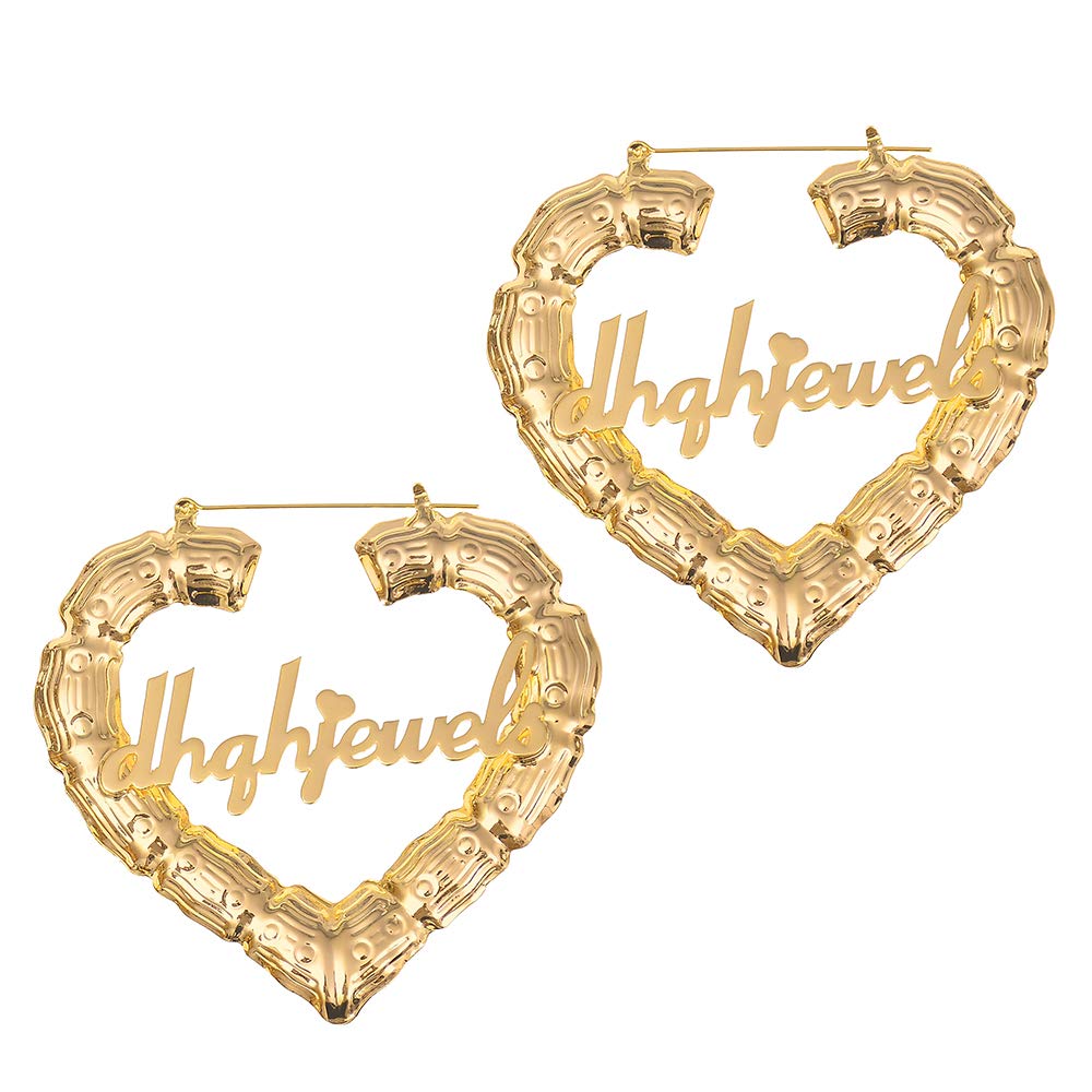 DHQH Custom Name Earrings Personalized Bamboo Hoop Earrings 18K Gold Plated Heart Customize Earrings for Women Hip-Hop Fashion Jewelry Gift