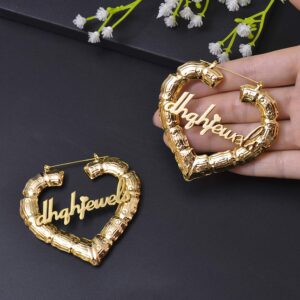 DHQH Custom Name Earrings Personalized Bamboo Hoop Earrings 18K Gold Plated Heart Customize Earrings for Women Hip-Hop Fashion Jewelry Gift