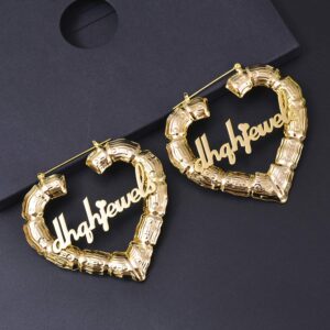 DHQH Custom Name Earrings Personalized Bamboo Hoop Earrings 18K Gold Plated Heart Customize Earrings for Women Hip-Hop Fashion Jewelry Gift