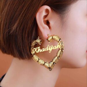 DHQH Custom Name Earrings Personalized Bamboo Hoop Earrings 18K Gold Plated Heart Customize Earrings for Women Hip-Hop Fashion Jewelry Gift