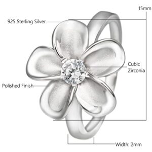 925 Sterling Silver 15mm Hawaiian Plumeria Flower Ring with Cubic Zirconia, 14K Gold Plated, Nickle Free Hypoallergenic for Sensitive Skin, Hawaii Island Jewelry, with Gift Box (7, Silver)