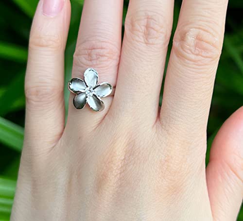 925 Sterling Silver 15mm Hawaiian Plumeria Flower Ring with Cubic Zirconia, 14K Gold Plated, Nickle Free Hypoallergenic for Sensitive Skin, Hawaii Island Jewelry, with Gift Box (7, Silver)