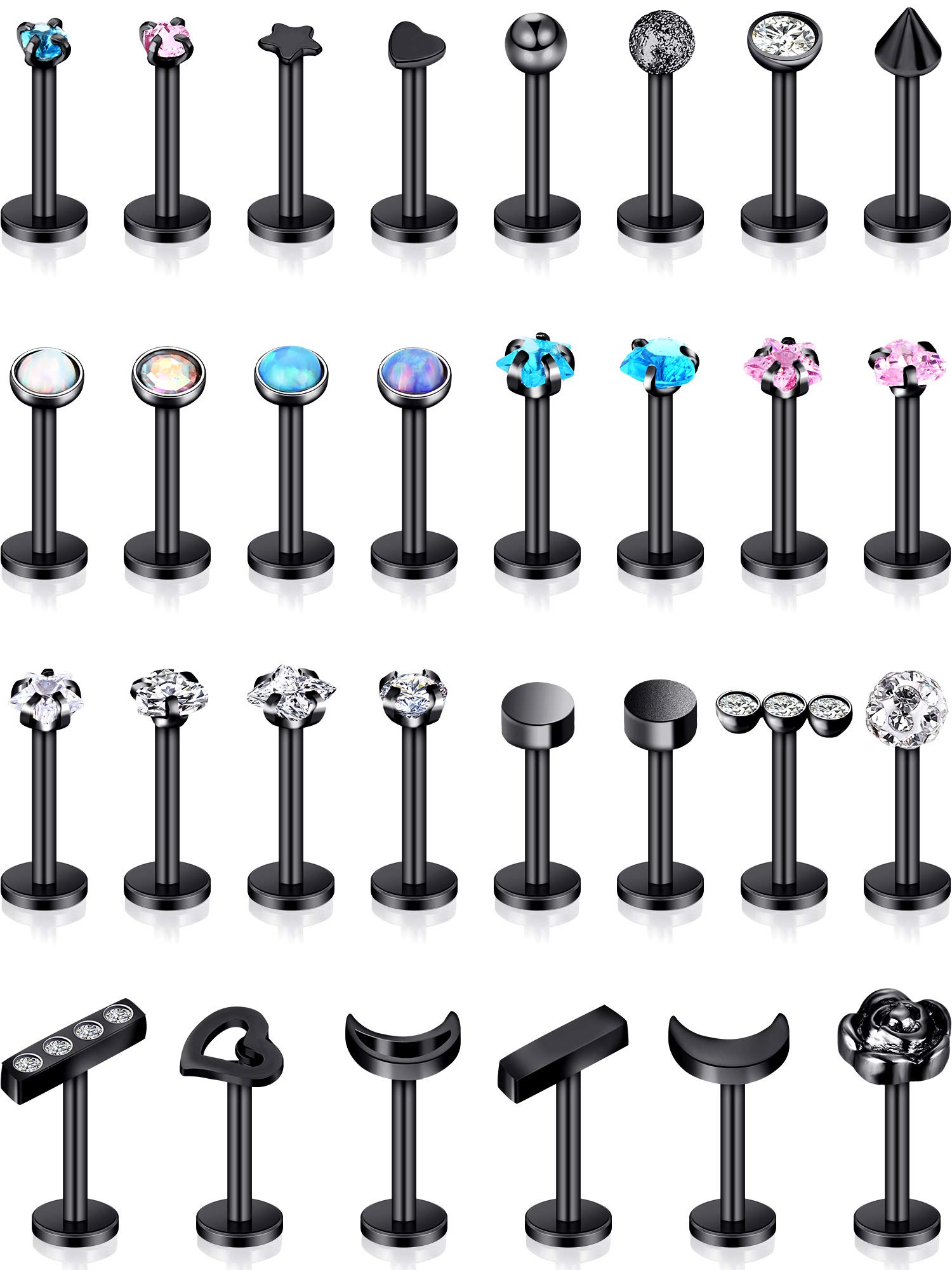 Stainless Steel Lip Studs Labret Lip Rings Cartilage Tragus Piercing Jewelry for Women Party Wear or Clothes Matching 16 G, 30 Pieces (Black)