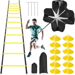 pro speed & agility training set—includes 12 rung 20ft adjustable agility ladder with carrying bag, 12 disc cones, 4 steel stakes, 1 resistance parachute, use equipment to improve footwork any sport