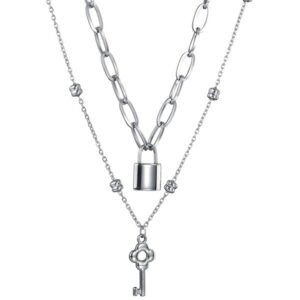 jude jewelers stainless steel lock and key statement double chain choker necklace (silver)