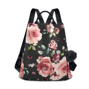 alaza rose flowers floral black backpack purse with adjustable straps