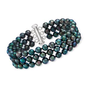 ross-simons 5-6mm black cultured pearl 3-strand bracelet with sterling silver. 7.25 inches